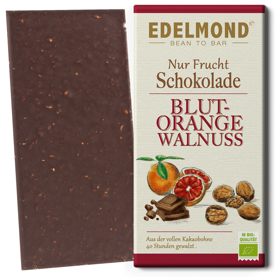 Bio vegane "Nur Frucht" Walnuss-Blutorange Schokolade - Edelmond Choc ...